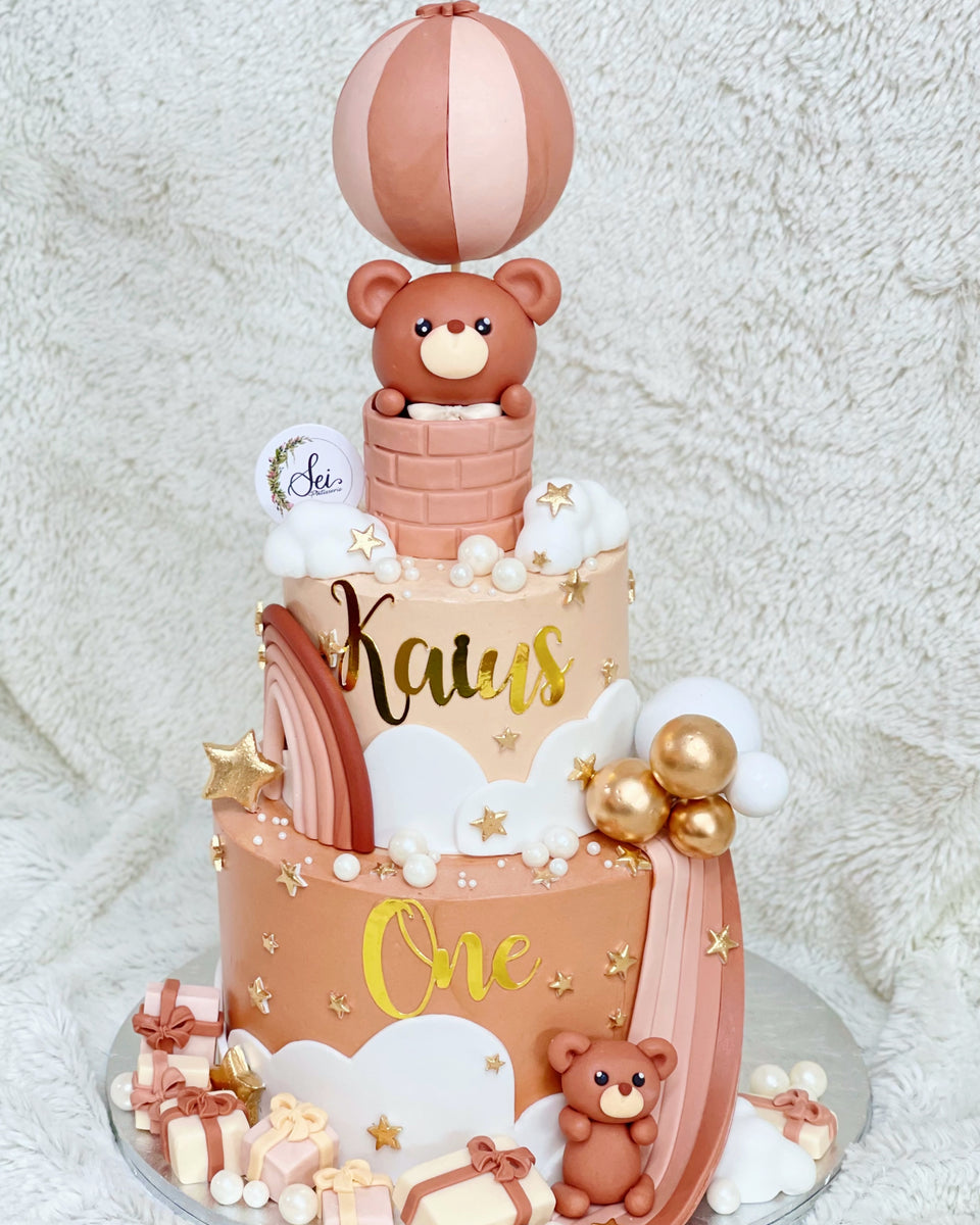 2-Tier Brown Bear Hot Air Balloon Cake with Rainbow – Sei Pâtisserie