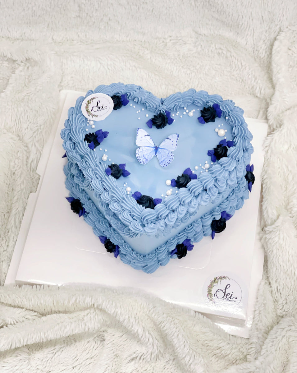 Dusty Blue Vintage Heart Shape Butterfly Cake – Sei Pâtisserie