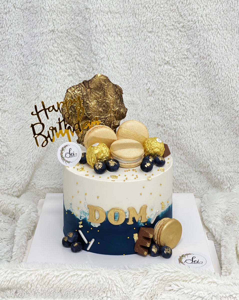 Navy Blue x Gold Cake with Macarons – Sei Pâtisserie