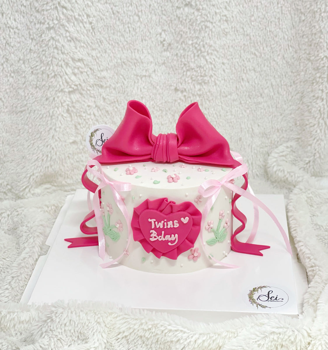 Pink Ribbon Cake with Flowers – Sei Pâtisserie